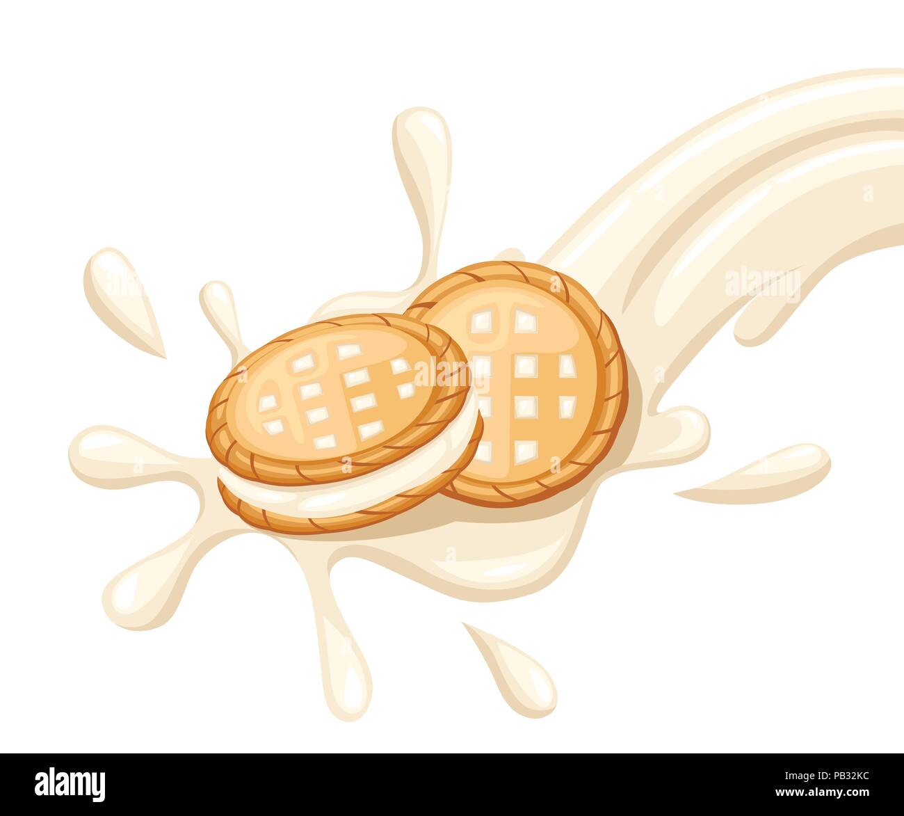 Sandwich cookies. Milk cookies with vanilla cream flow. Cracker drop in ...