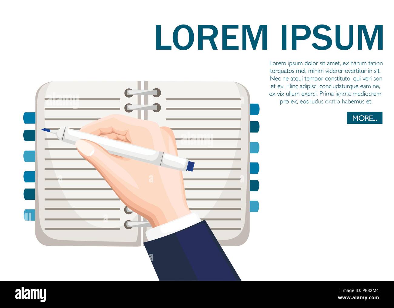 Hand write text. Notebook with bookmarks. Notepad mockup with blue text ...