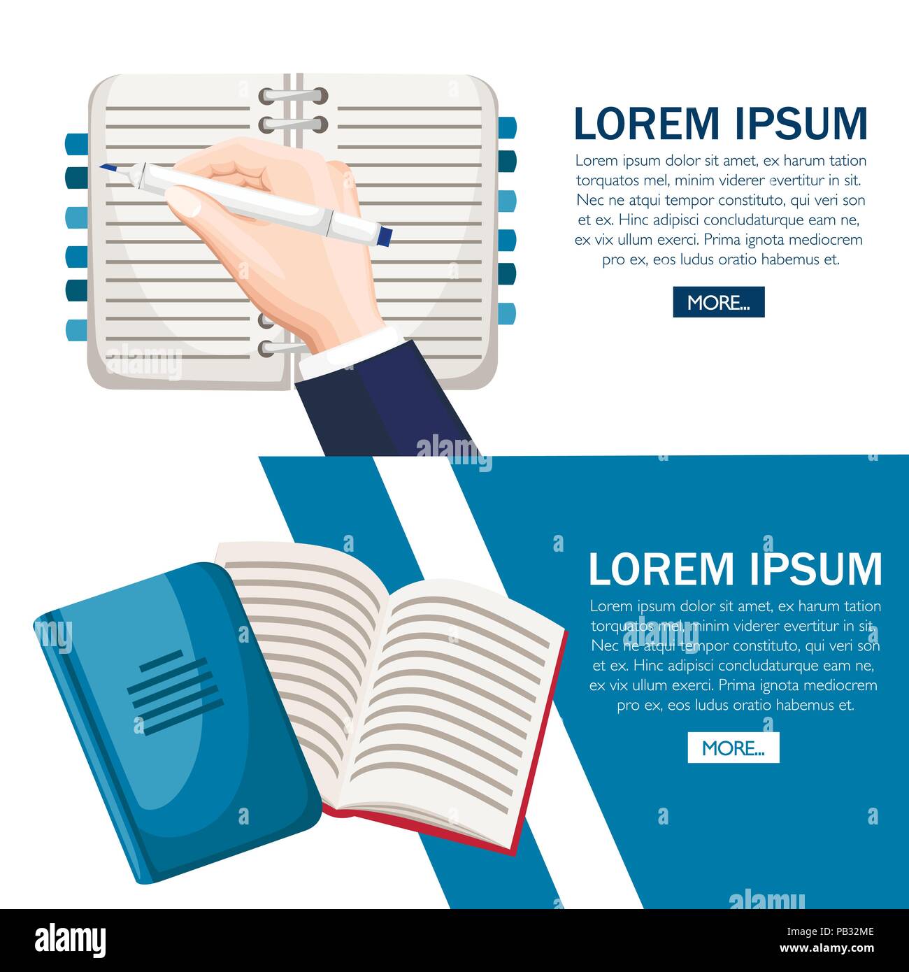 Hand write text. Notebook with bookmarks. Notepad mockup with blue text ...