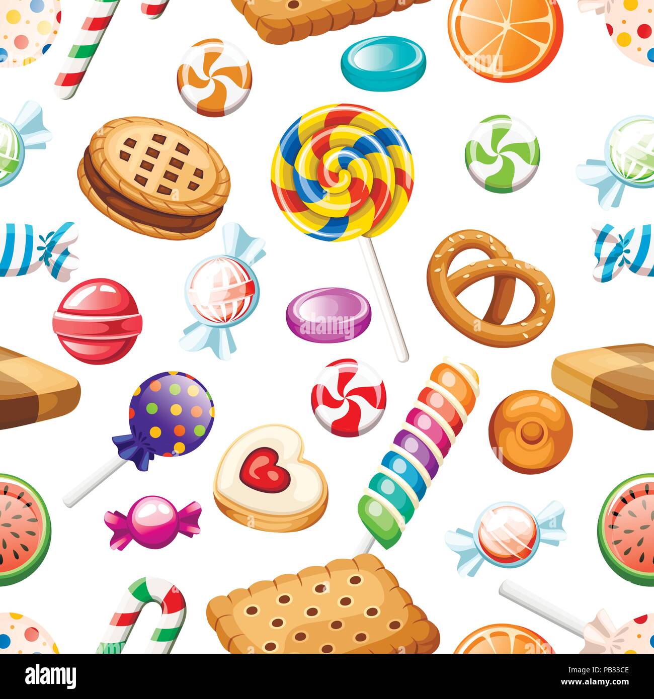 Seamless pattern. Big collection of different cartoon style candies and ...