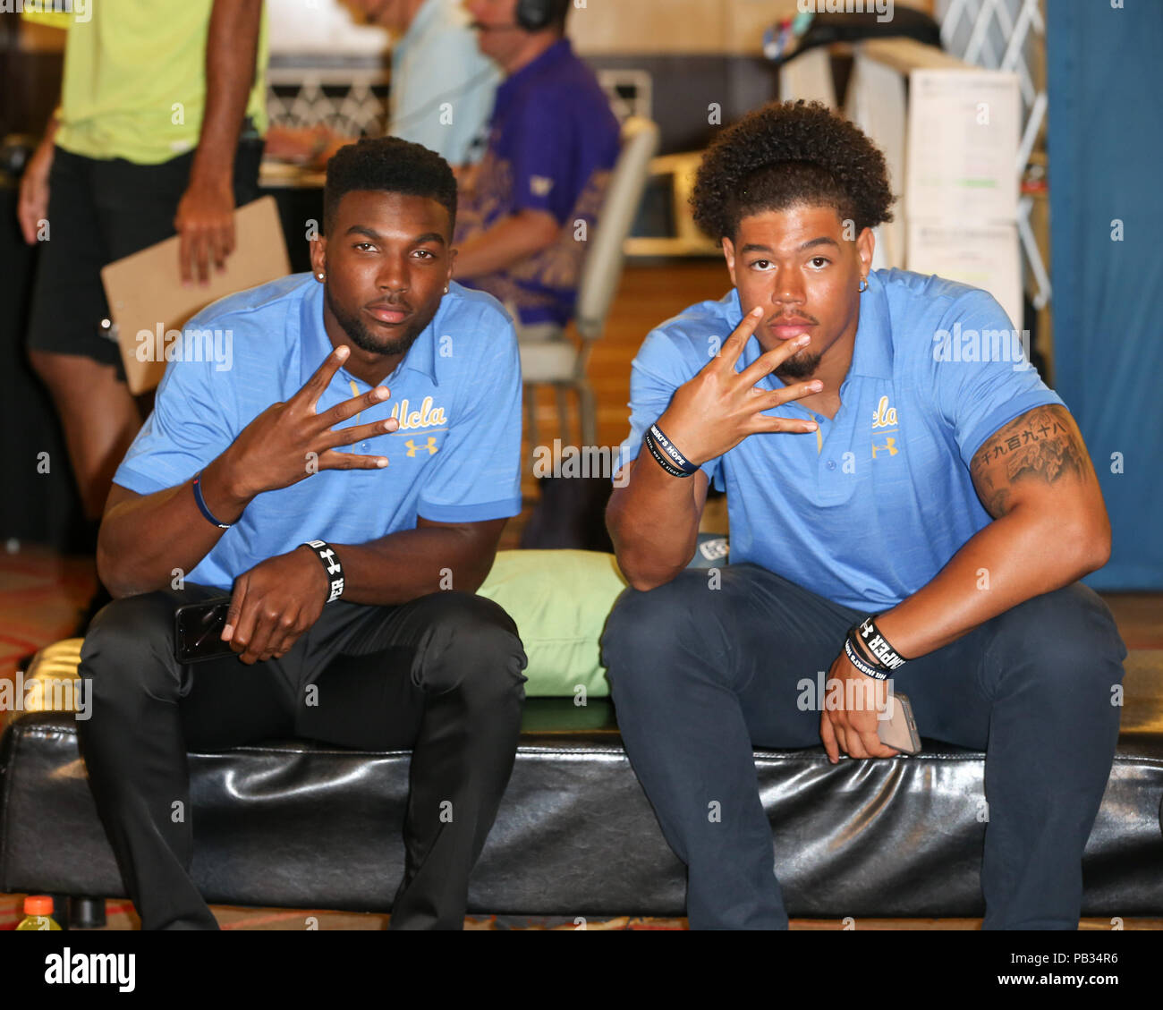 UCLA Bruins Theo Howard (WR) and Josh Woods (LB) during the PAC-12 ...