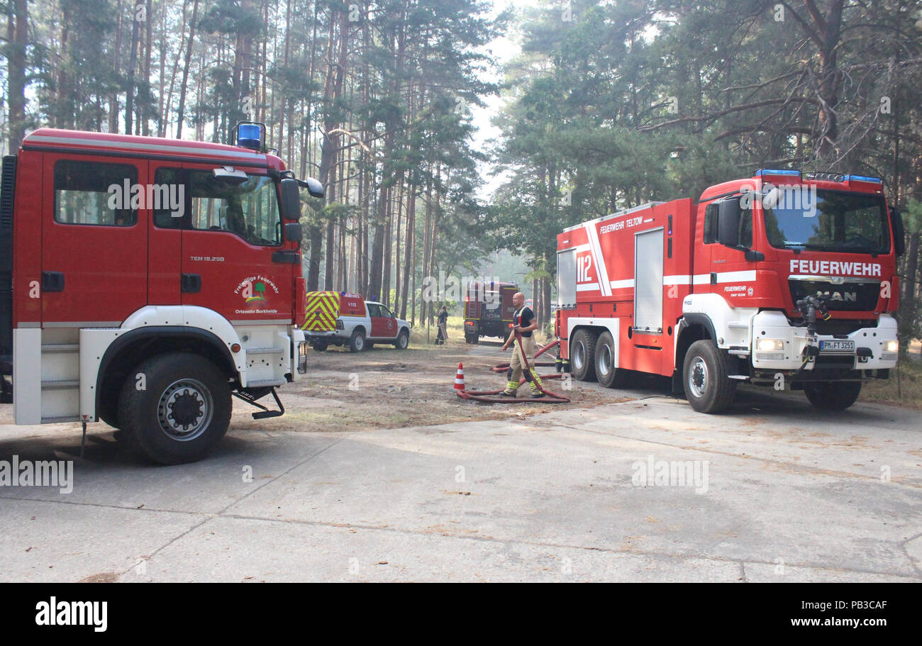 Potsdam, Germany. 26th July, 2018. Firefighters stand in a forest fire ...