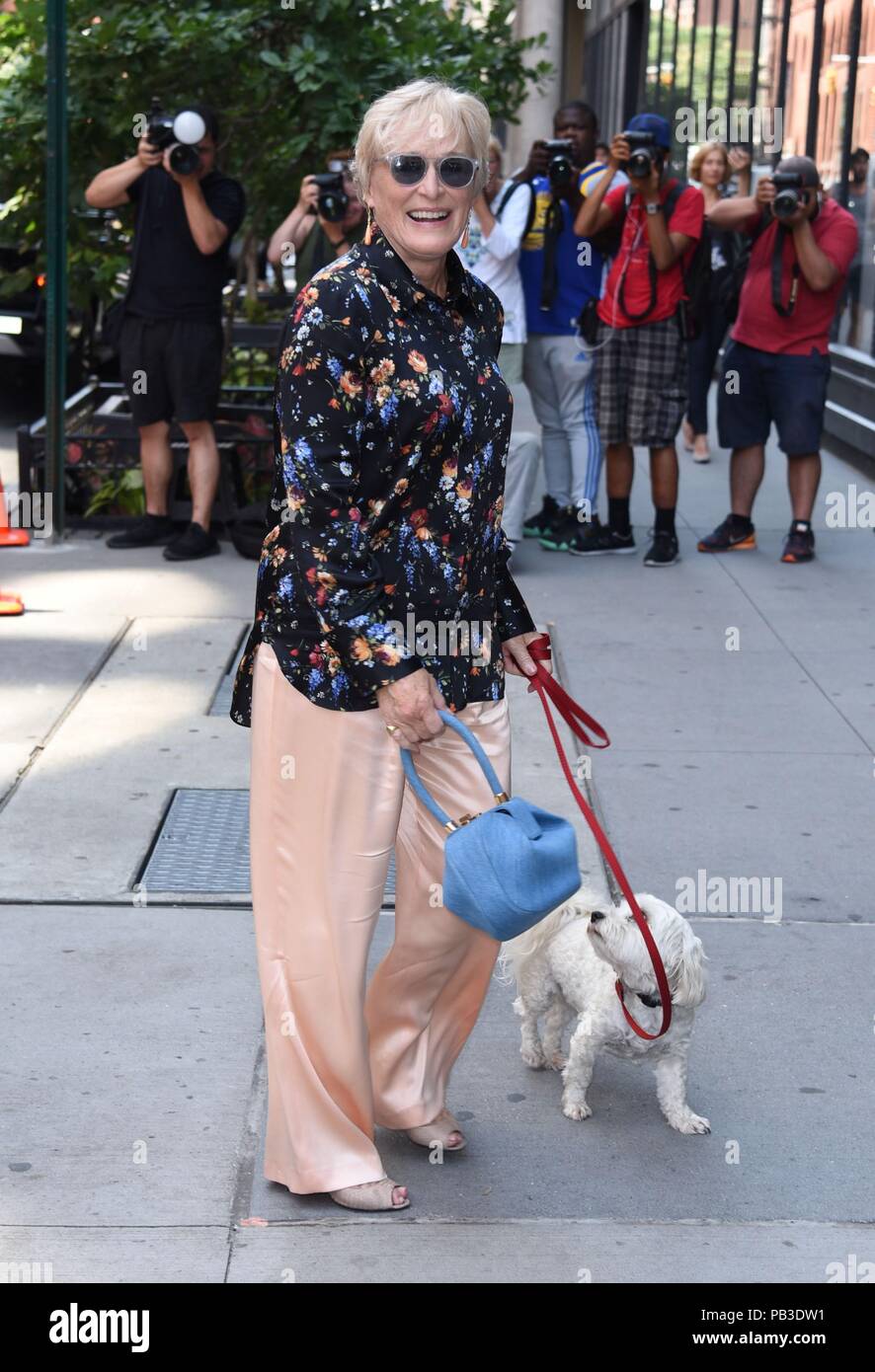New York, NY, USA. 26th July, 2018. Glenn Close, Pip her dog, seen at ...