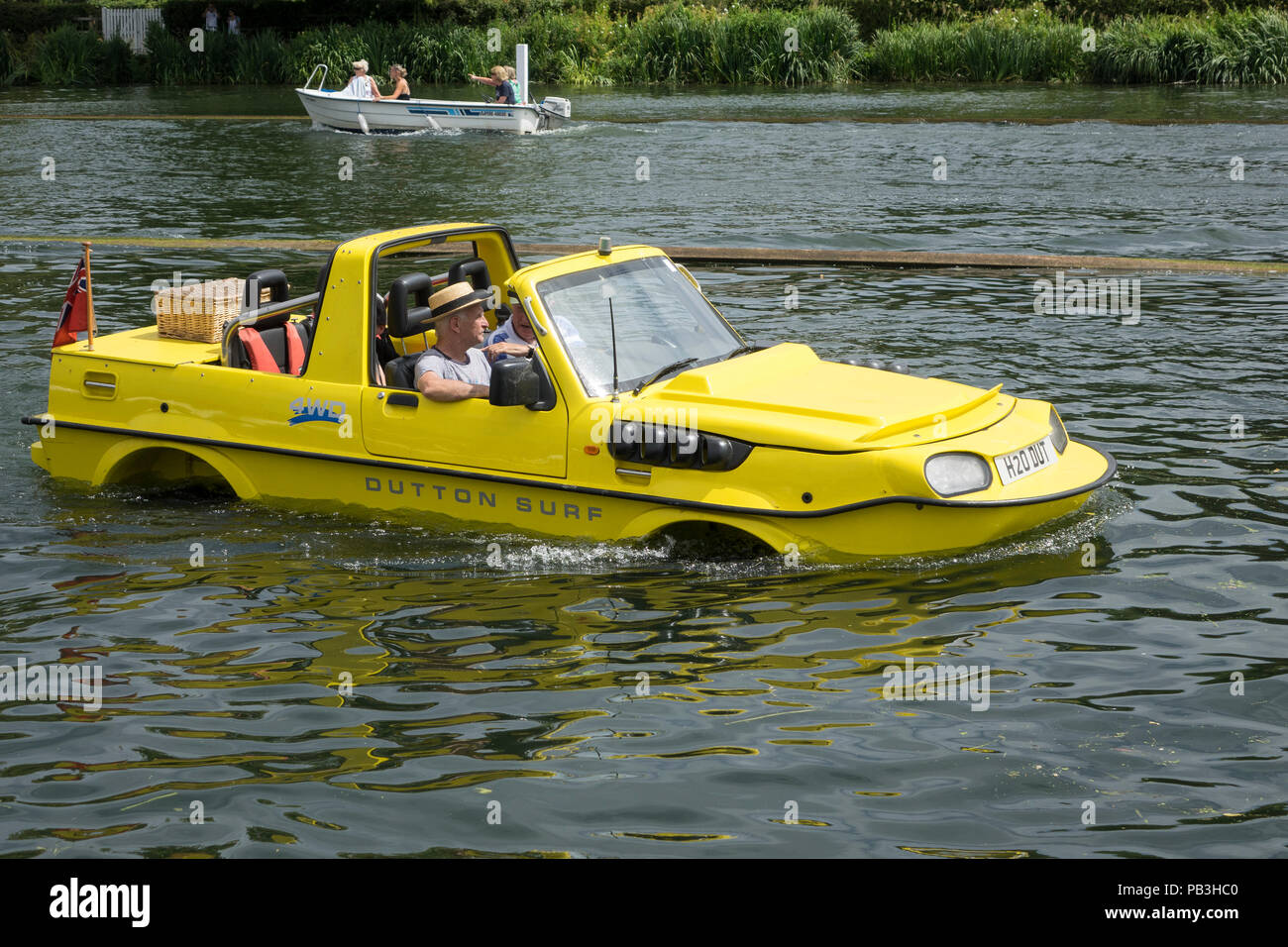 England, Oxfordshire, Henley, River Thames, Dutton Surf amphibious car ...