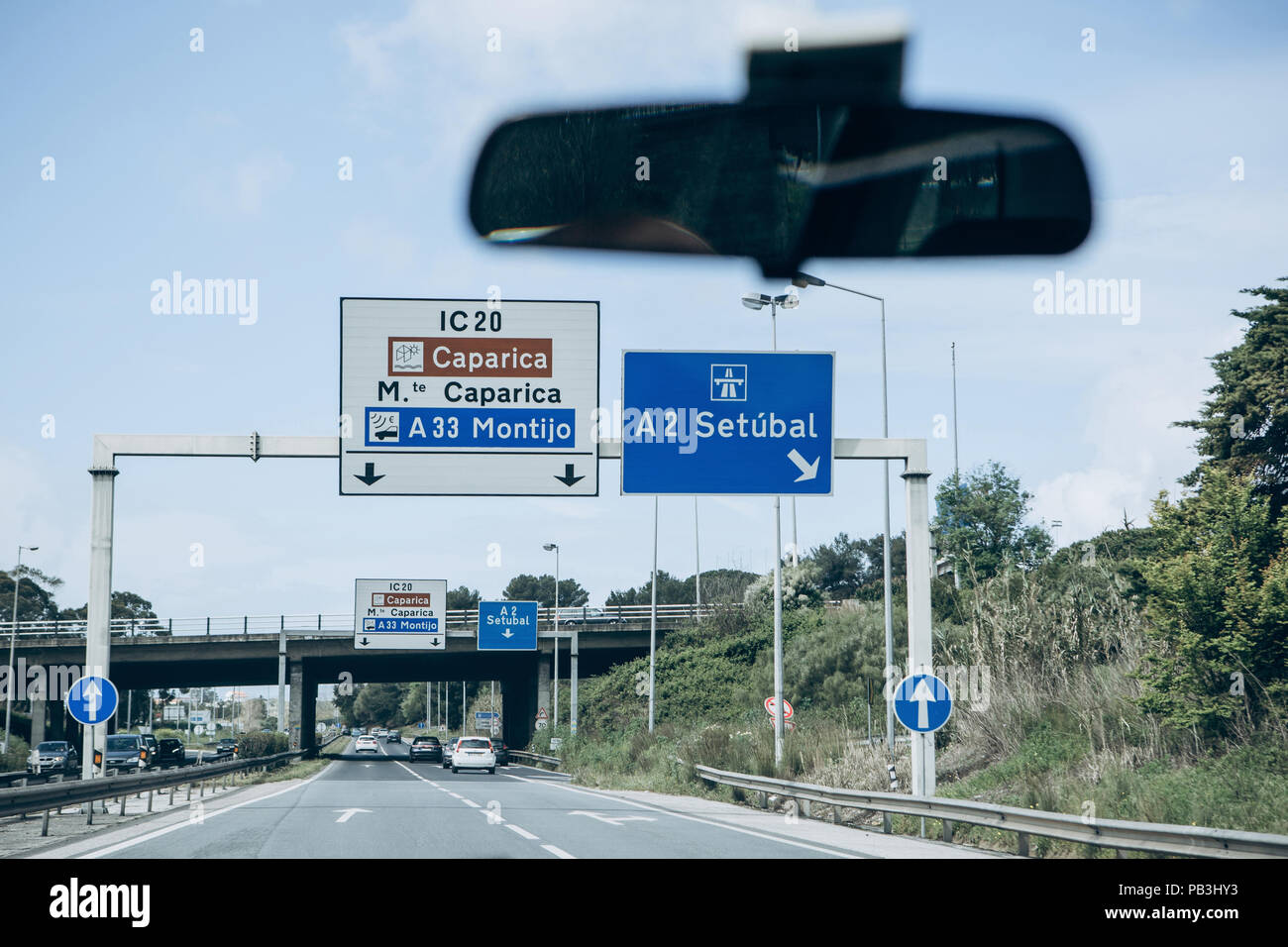 Portugal, Lisbon, 01 May 2018: View from inside the car on the road ...
