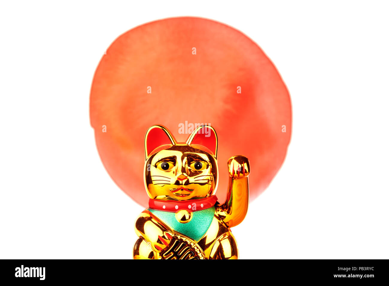 Maneki neko, Japanese lucky beckoning cat figurine, on white with the ...