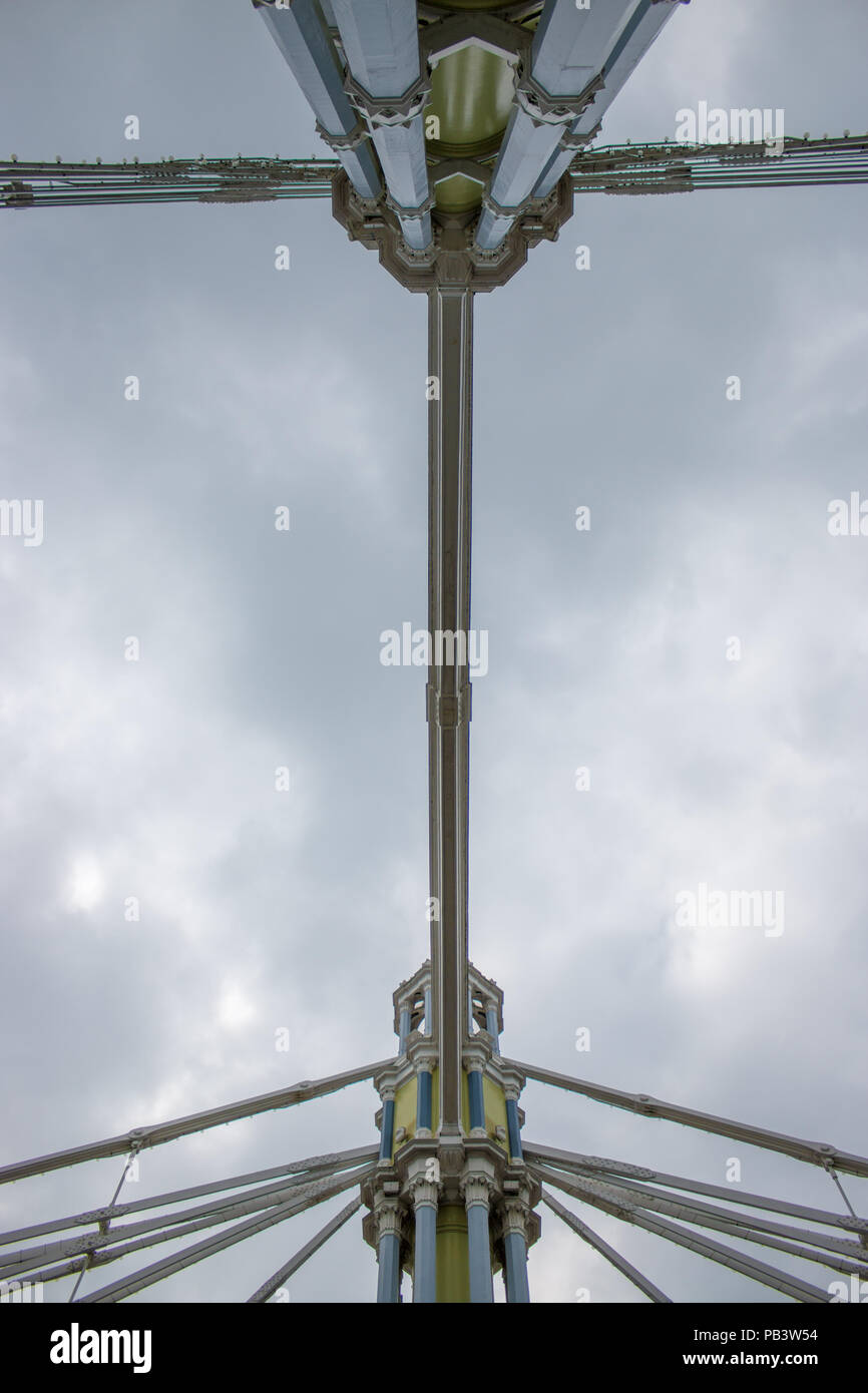 Looking up at support beams of the Albert Bridge that spans the Thames ...