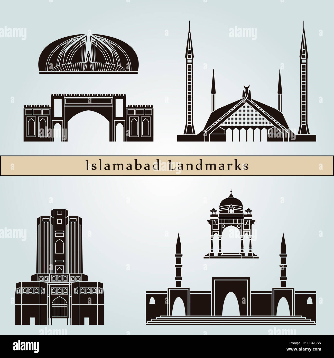 Islamabad landmarks and monuments isolated on blue background in ...