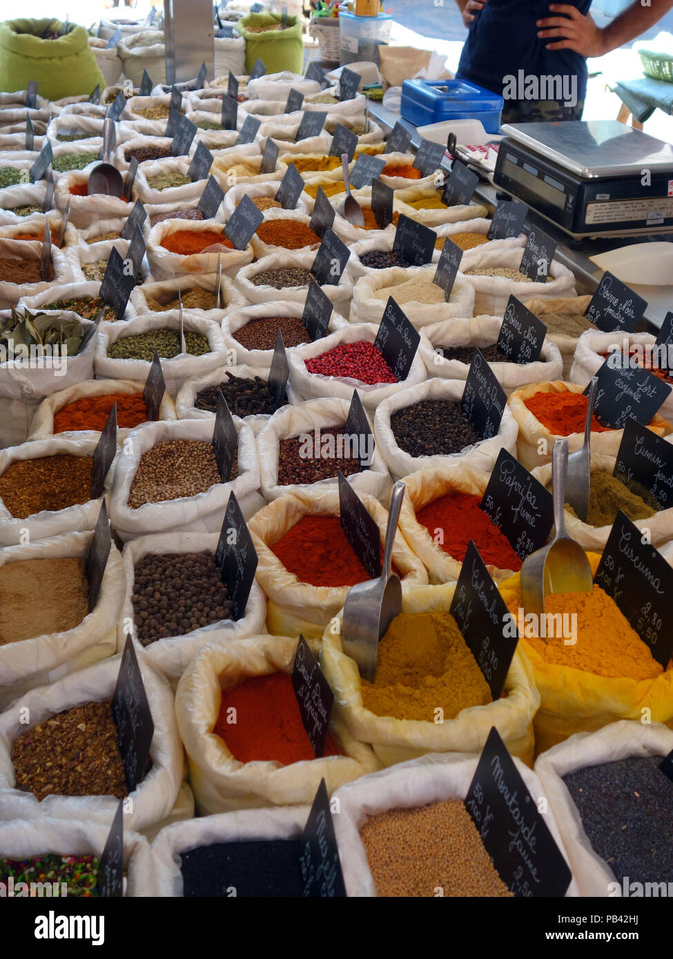 A great selection of spices on sale in this outdoor market of Sete, The ...