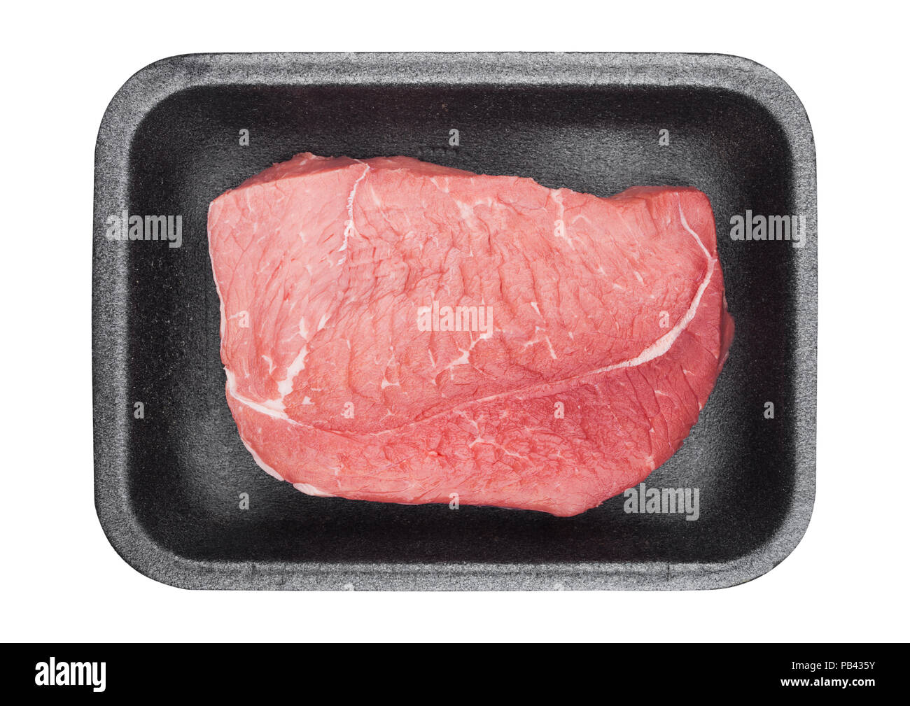 Plastic tray with fresh raw beef steak slices on white background Stock ...