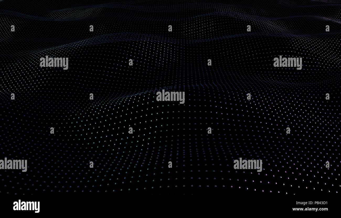 Illustration background of particles on surface with waves. 3D ...