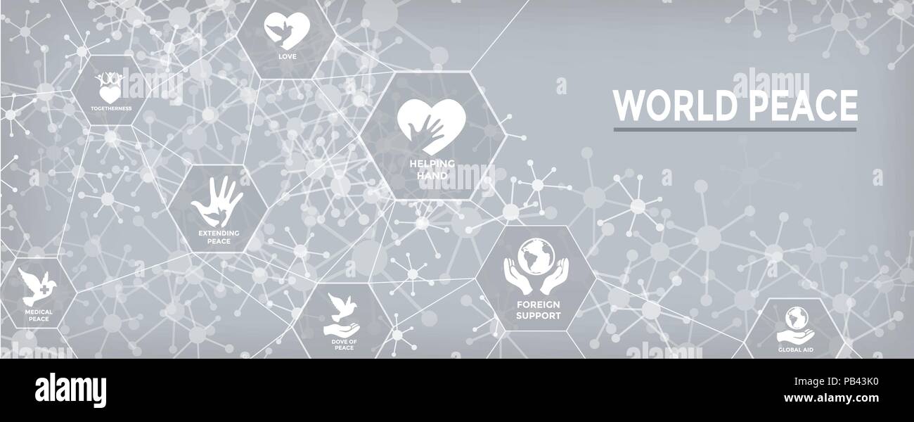 World Peace Web Header Banner with Dove Globe Hand & heart icon set ...