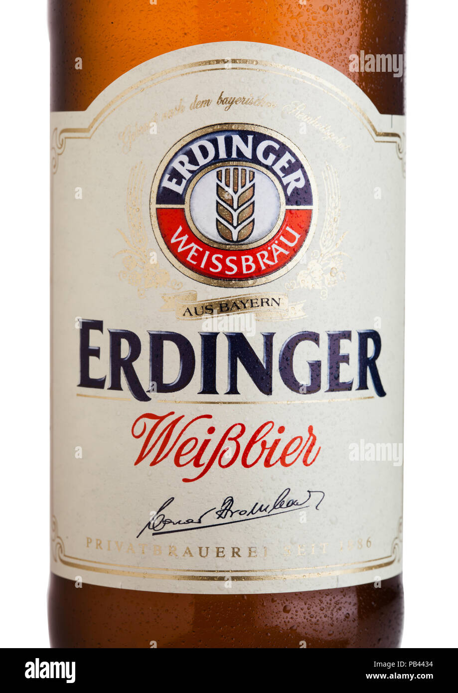 LONDON, UK - JULY 28, 2018: Bottle label of Erdinger wheat beer on a ...