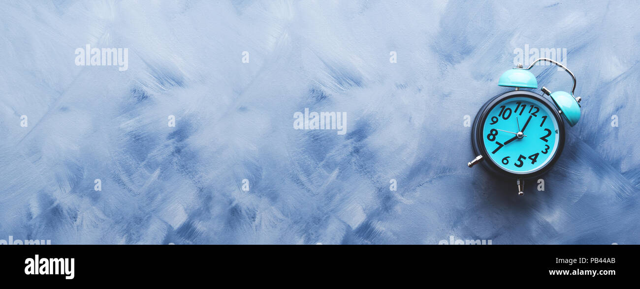 Long banner with blue alarm clock. Waking up, time concept Stock Photo ...