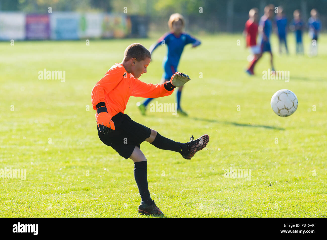 Young boy goalkeeper defends the goal Stock Photo - Alamy