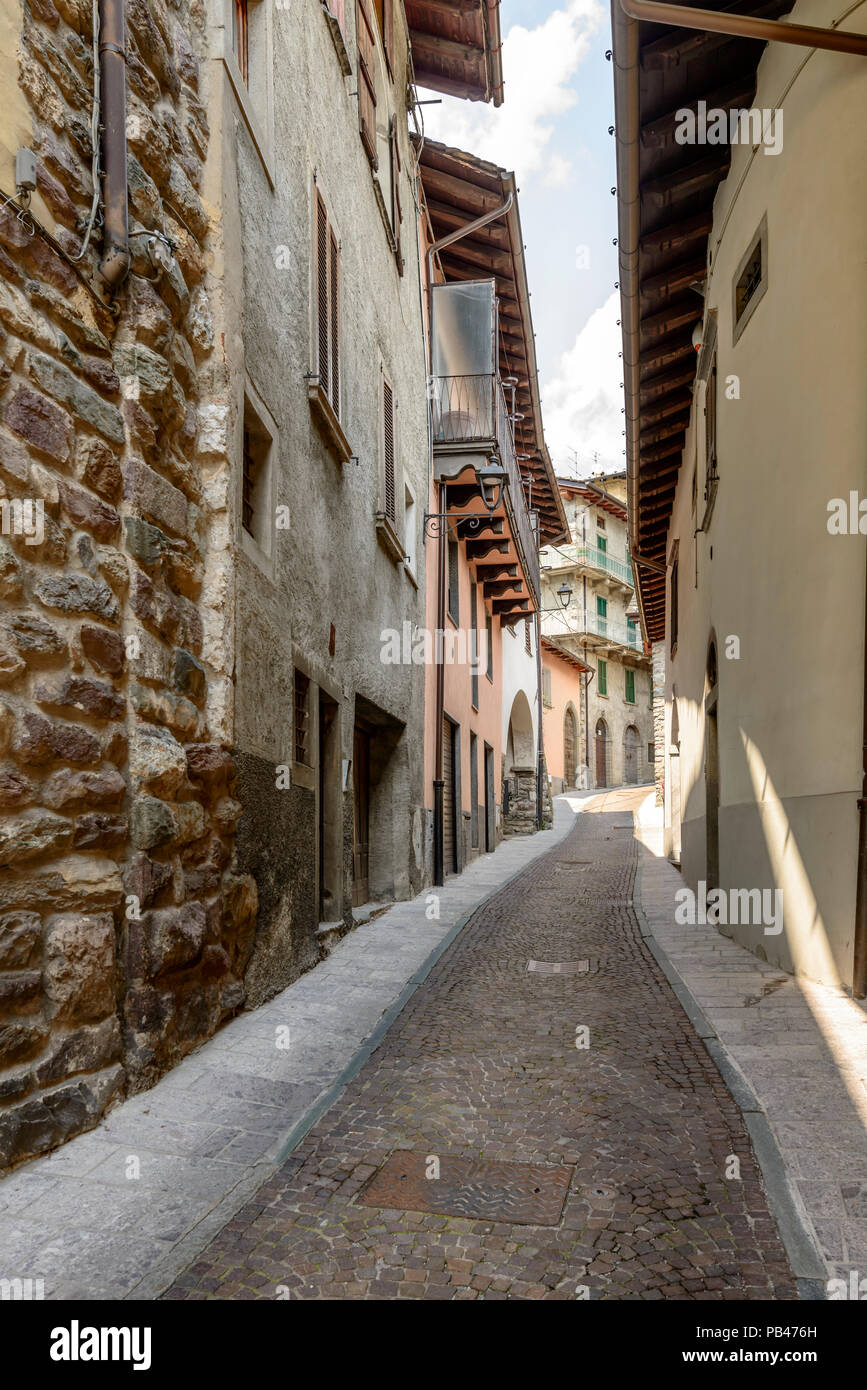 cityscape of historical village with narrow cobbled street, shot in ...