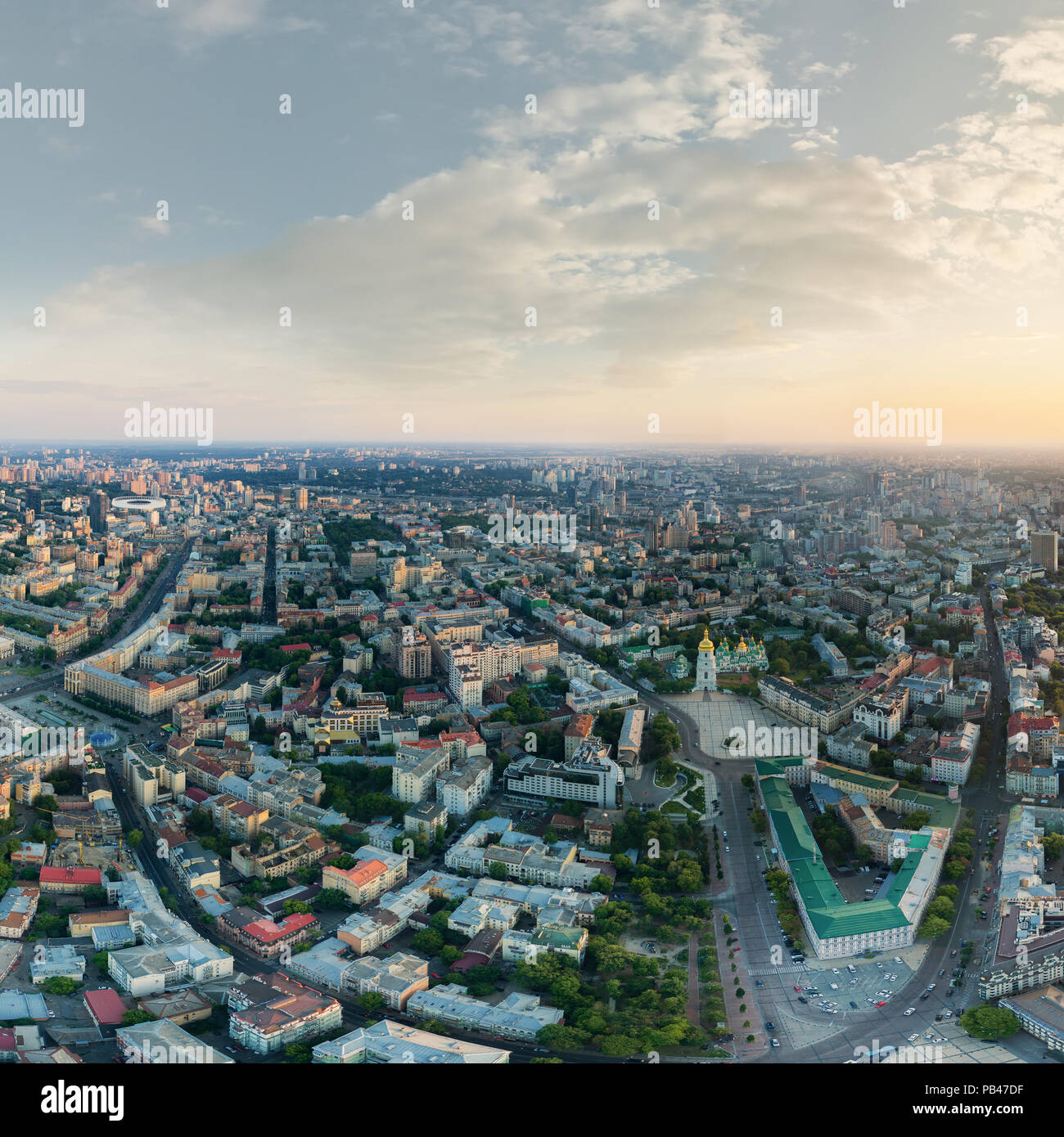 Panorama of the center of Kiev city at sunset. View of St. Sophia ...