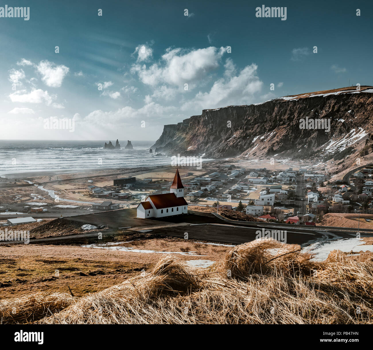 Panoramic view of the Vik at sunrise sunset . South Iceland.Typical red ...