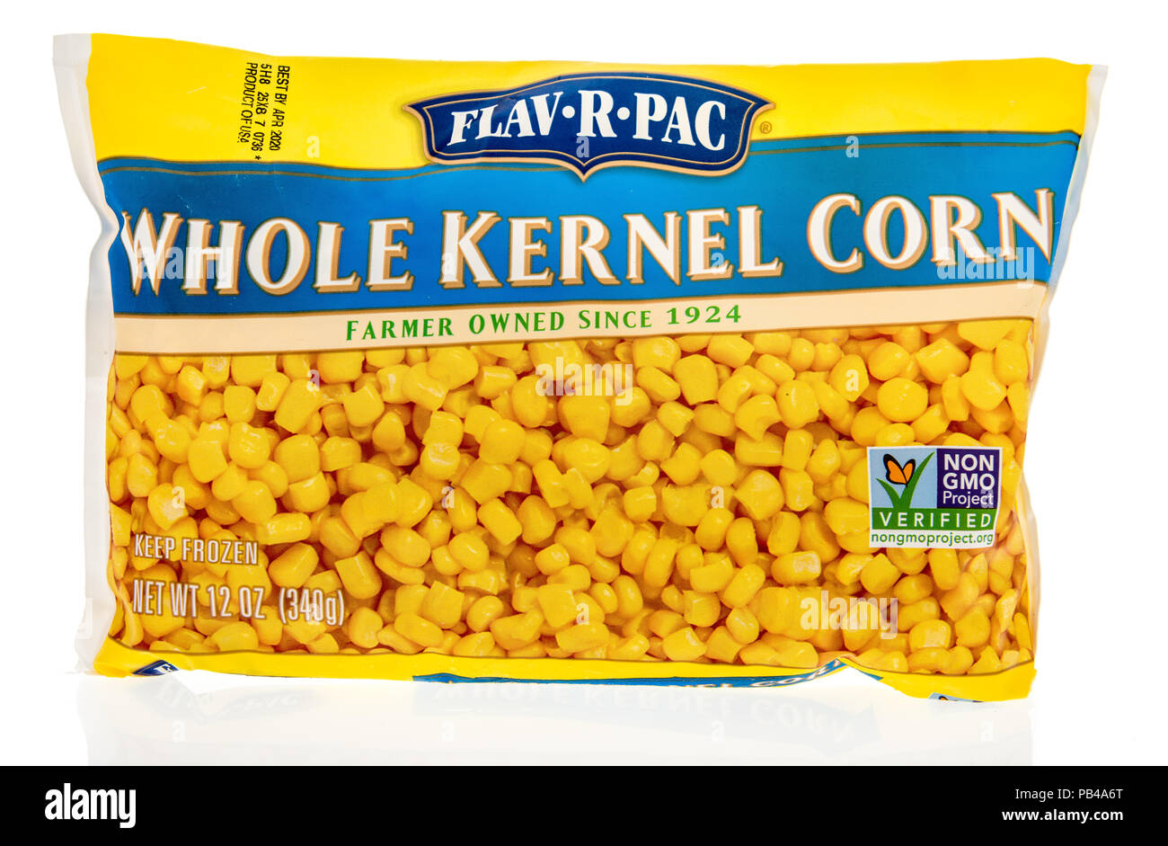 Winneconne, WI - 25 July 2018 - A bag of Flav-r-pac whole kernel corn ...