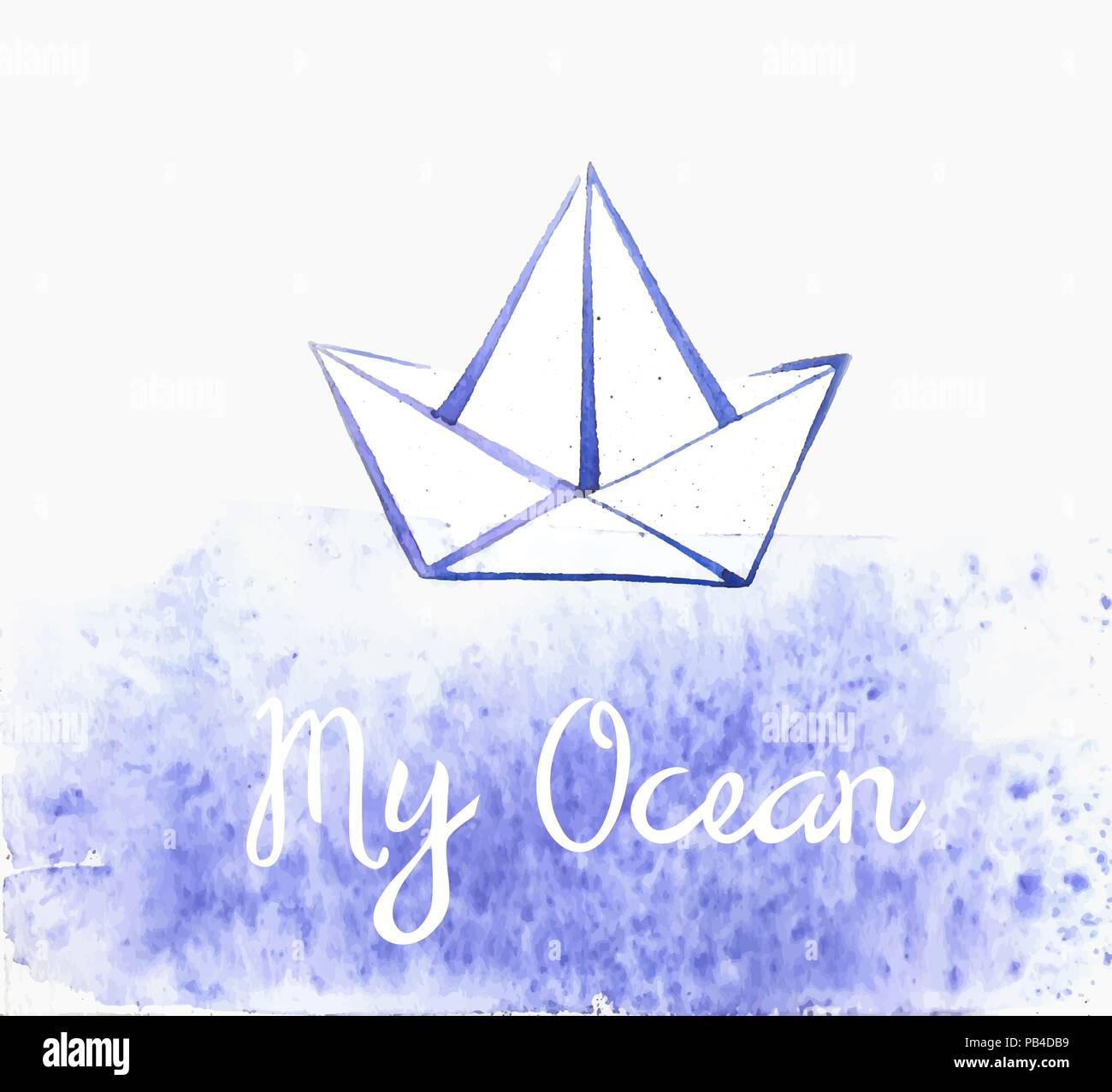 Abstract Sea And Ship Vector Background. Pictured Paper Boat Swings On ...