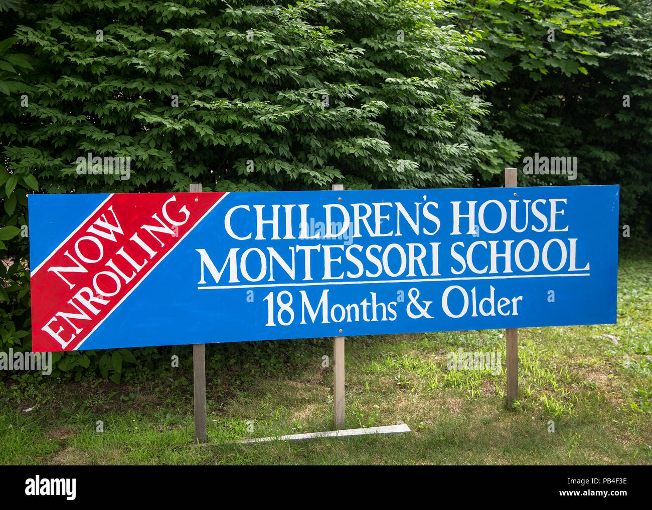 Sign outside a Montessori school in Camden, Me Stock Photo - Alamy