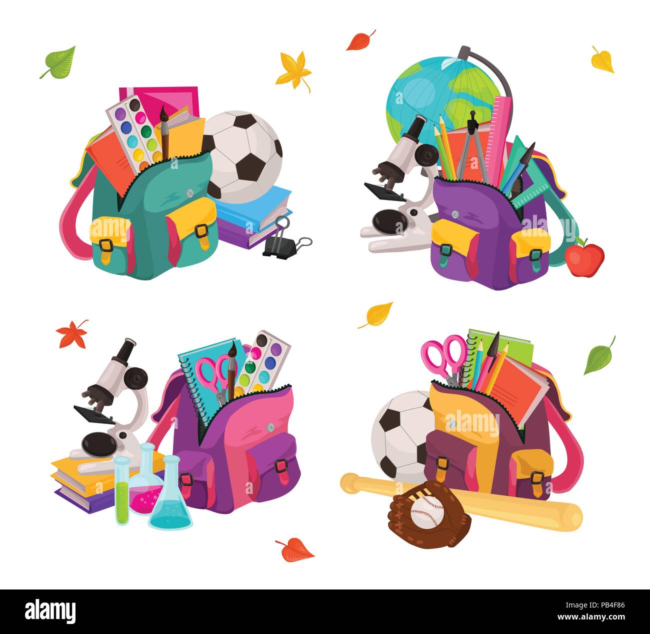 Back to school. Collection of colorful school backpacks compositions ...