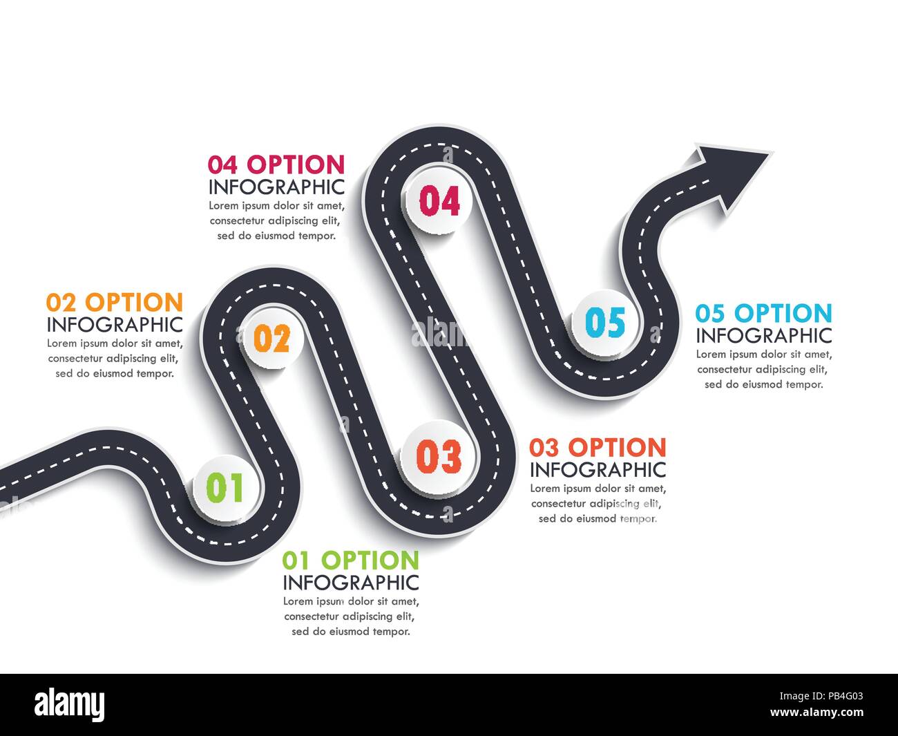 Road way location infographic template with a phased structure. Winding ...