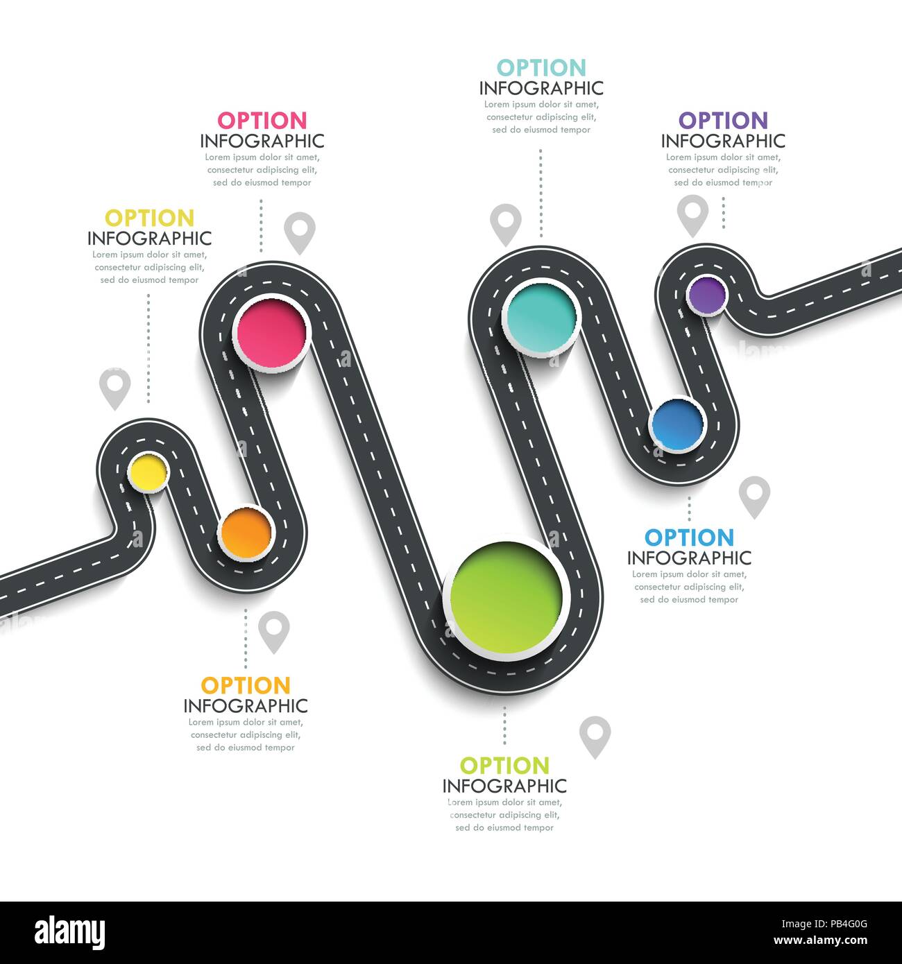 Winding road way location infographic template with a phased structure ...