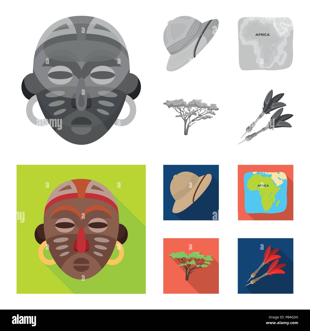 Cork hat, darts, savannah tree, territory map. African safari set ...