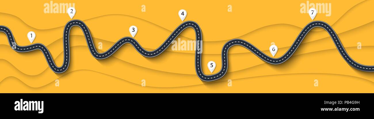 Road Trip And Journey Route Winding Road On A Colorful Background With