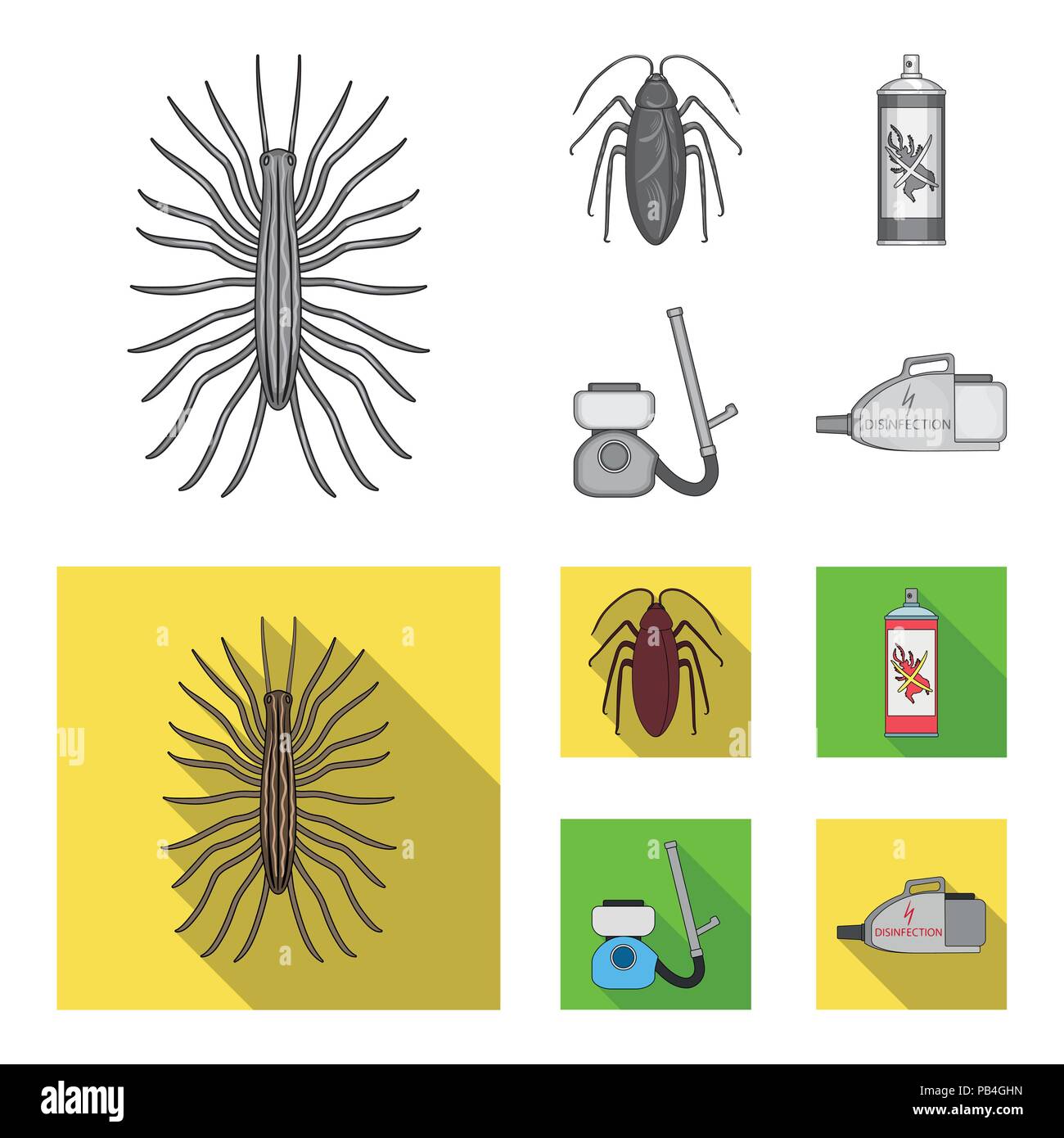 Cockroach and equipment for disinfection monochrome,flat icons in set ...
