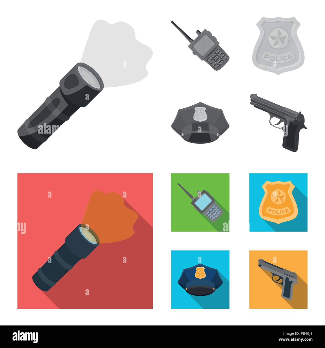 Radio, police officer badge, uniform cap, pistol.Police set collection ...