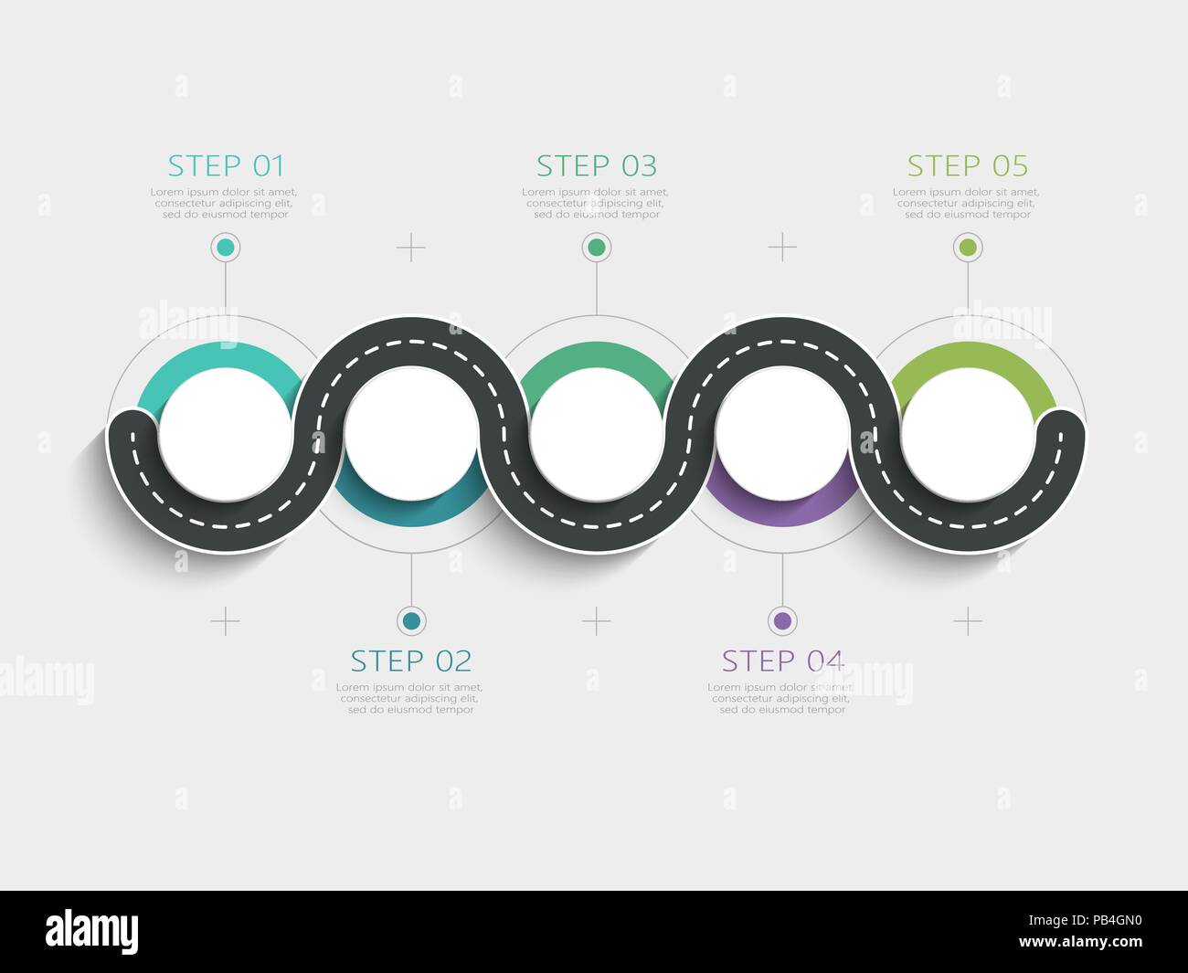 Winding road way location infographic template with a phased structure. Business circle template ...