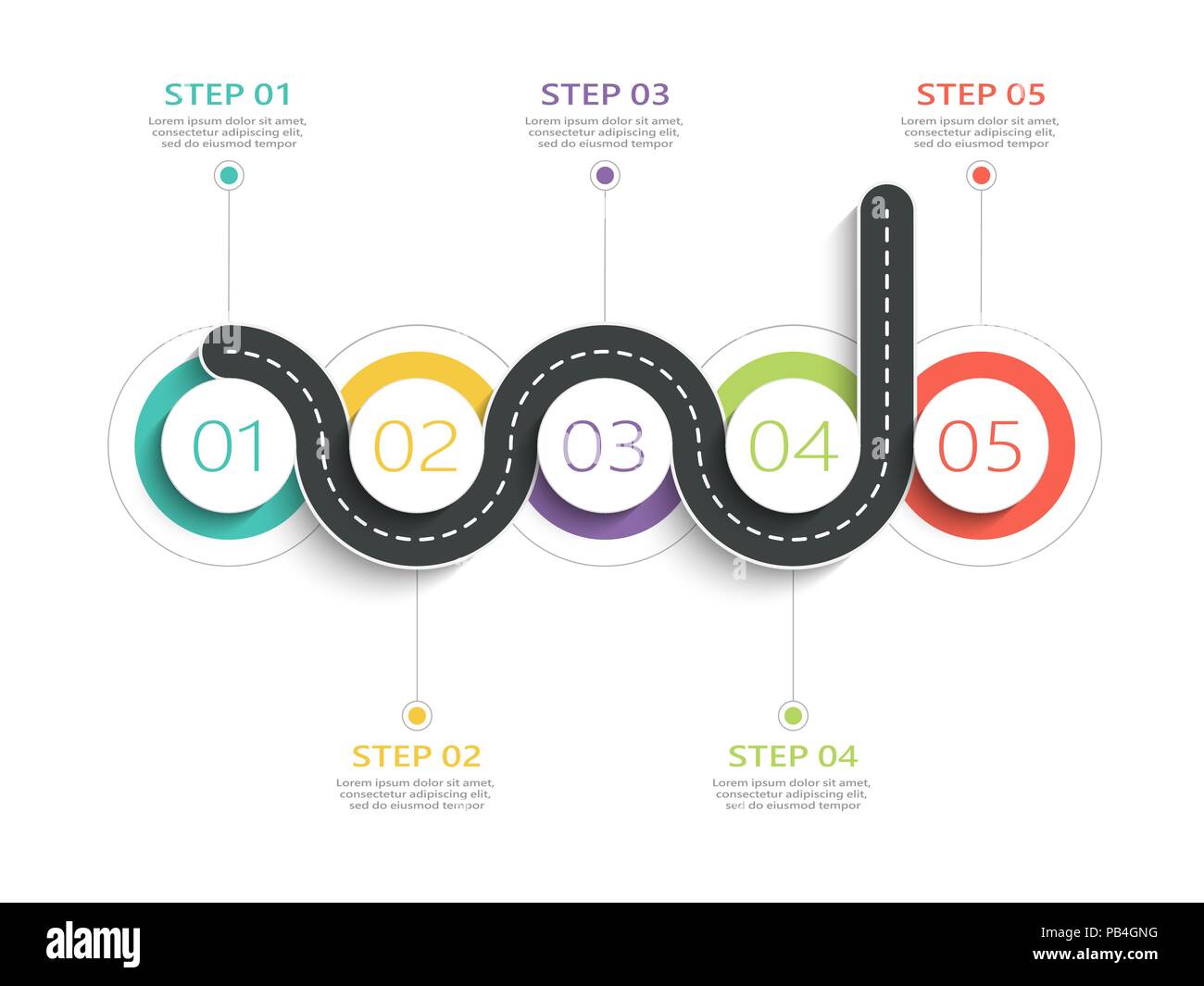 Winding road way location infographic template with a phased structure ...