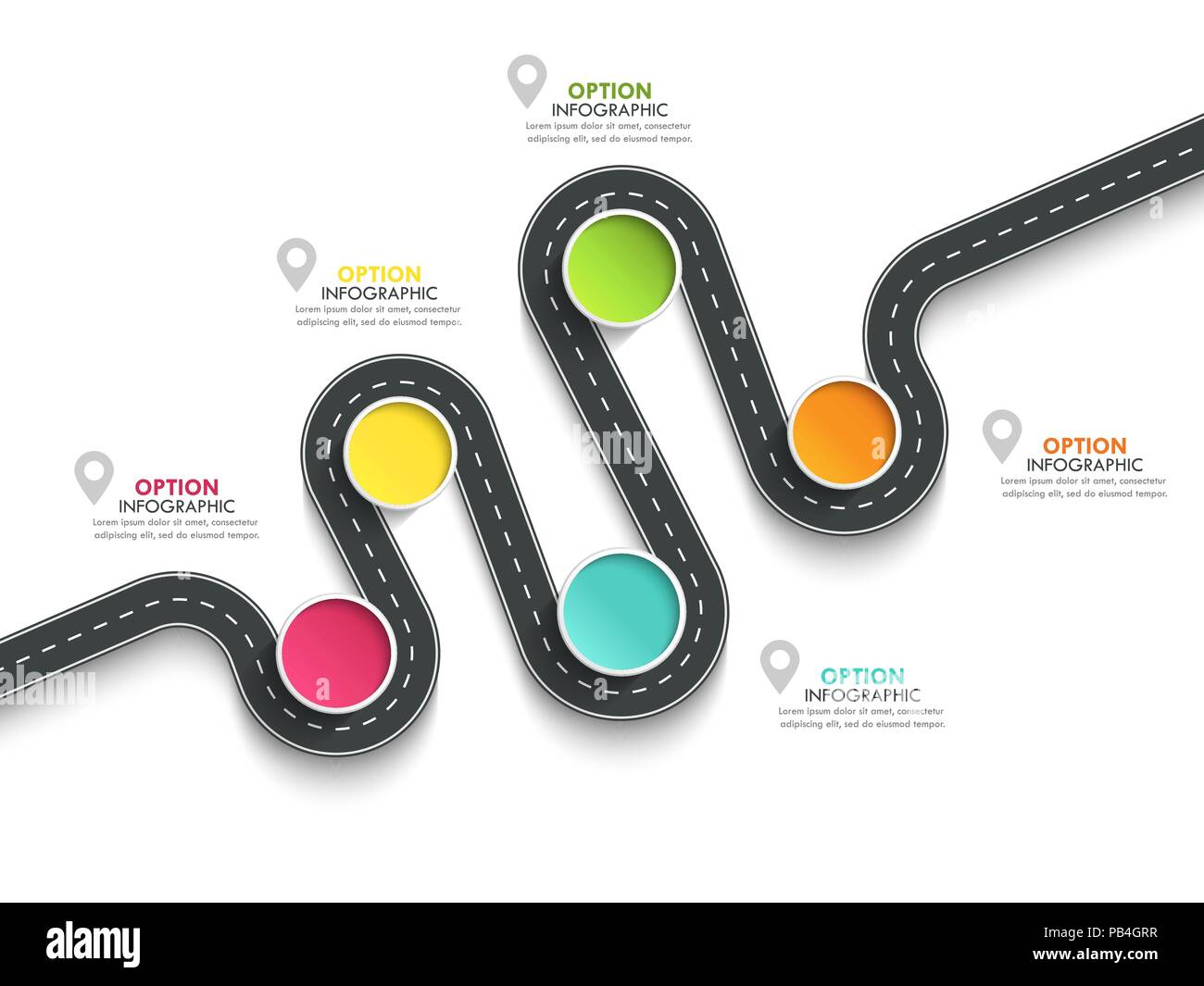 Winding road way location infographic template with a phased structure. Business circle template ...