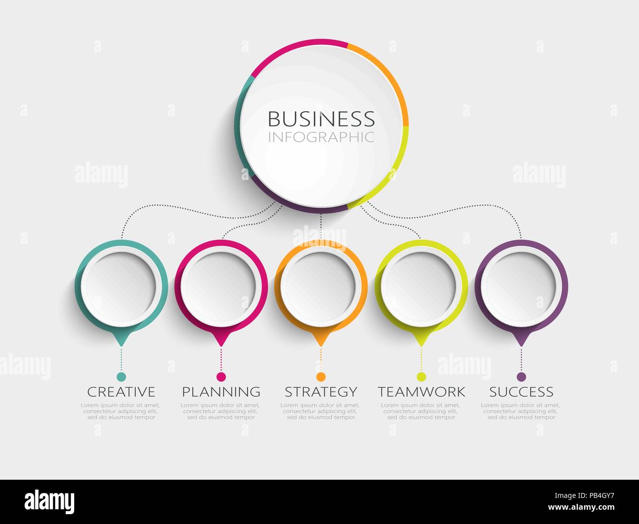 Modern 3D infographic template with 5 steps for success. Business circle template with options ...