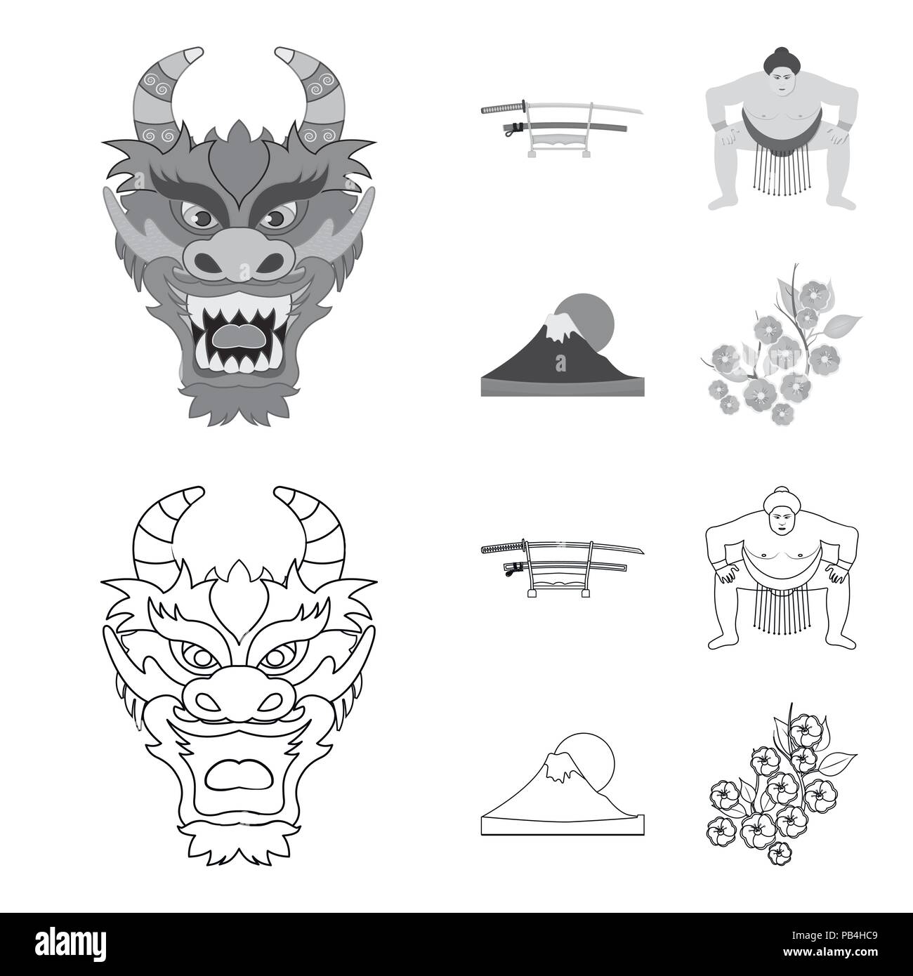 Dragon mask, katano, a man is a sumo player, a fujiama mountain.Japan ...