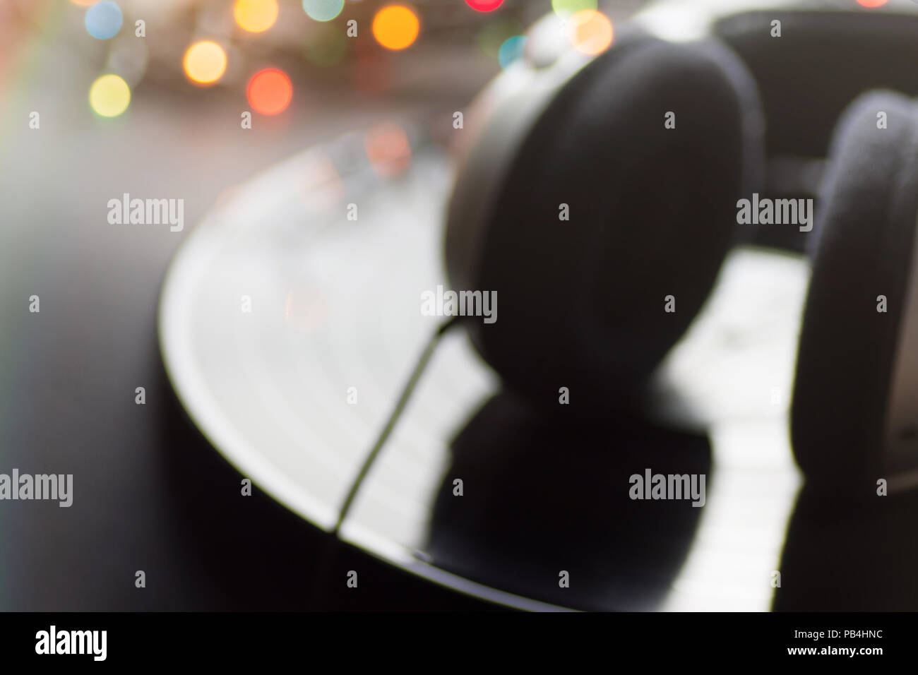 Blurred Music Background. Headphones Lying on Vintage Vinyl Long Play ...