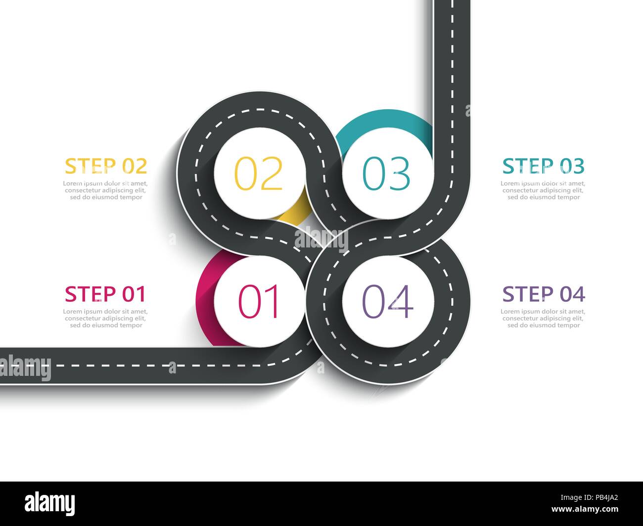 Winding road way location infographic template with a phased structure ...