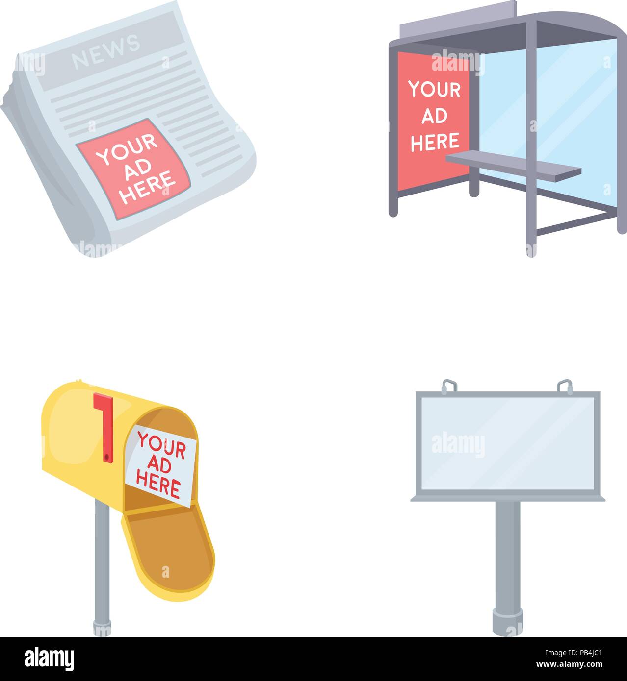 Newspapers, a bus stop, a mail box, a billboard.Advertising,set ...