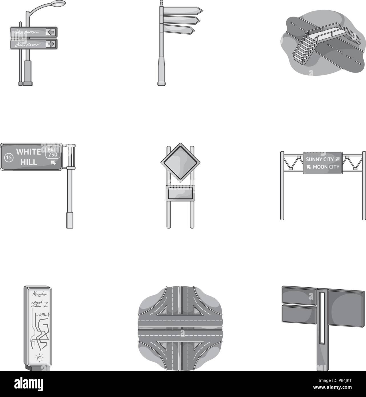 Road junctions and signs and other icon in monochrome style.Guides and ...