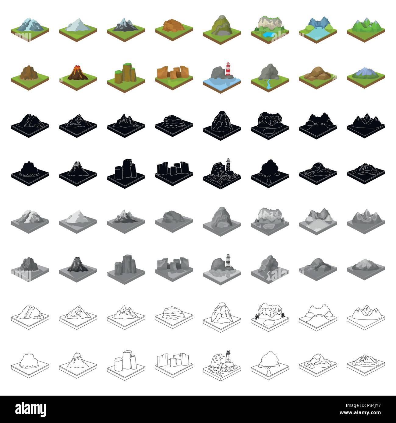 Mountains, rocks, lighthouse, volcano and other land reliefs. Mountains ...