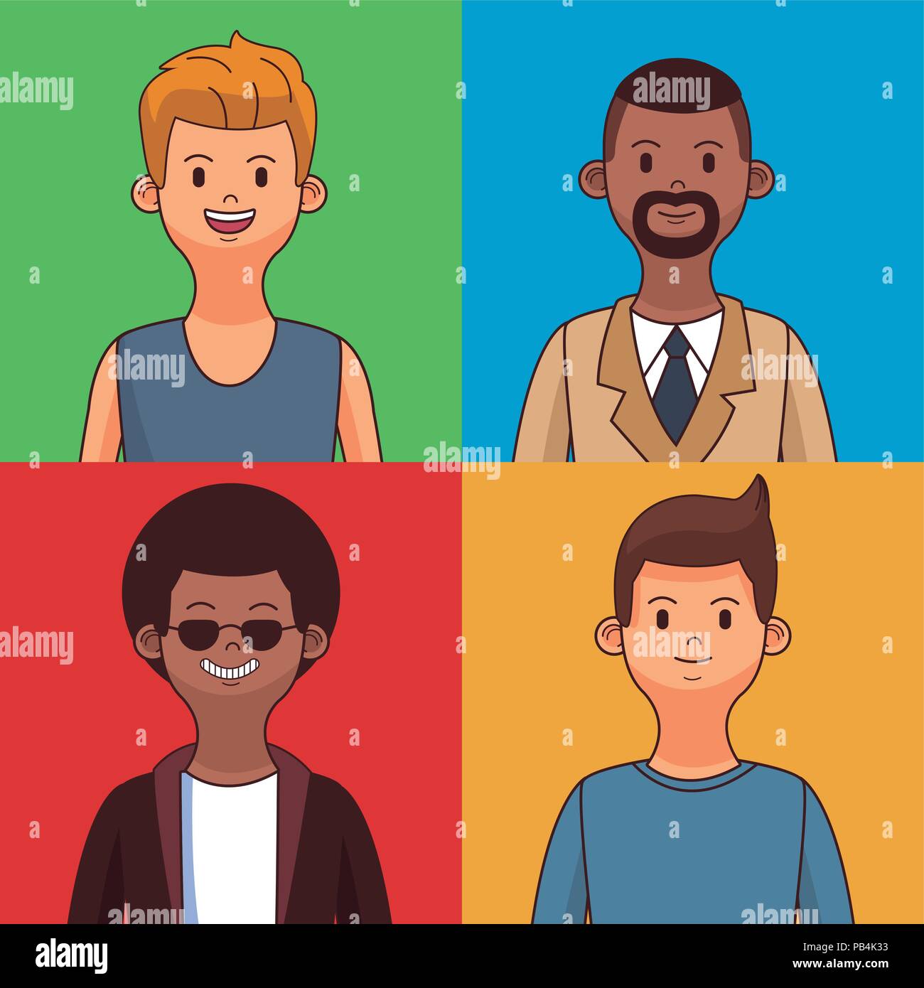 Set Young mens profile cartoon in colorful square frames vector ...