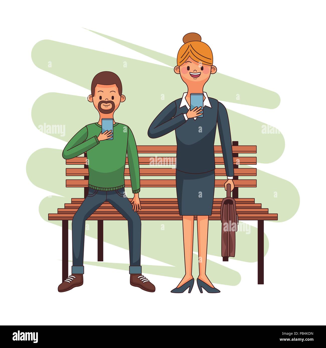 People seated on park chair using technology vector illustration ...