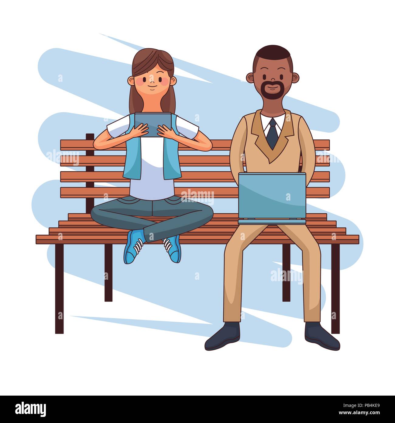 People seated on park chair using technology vector illustration ...
