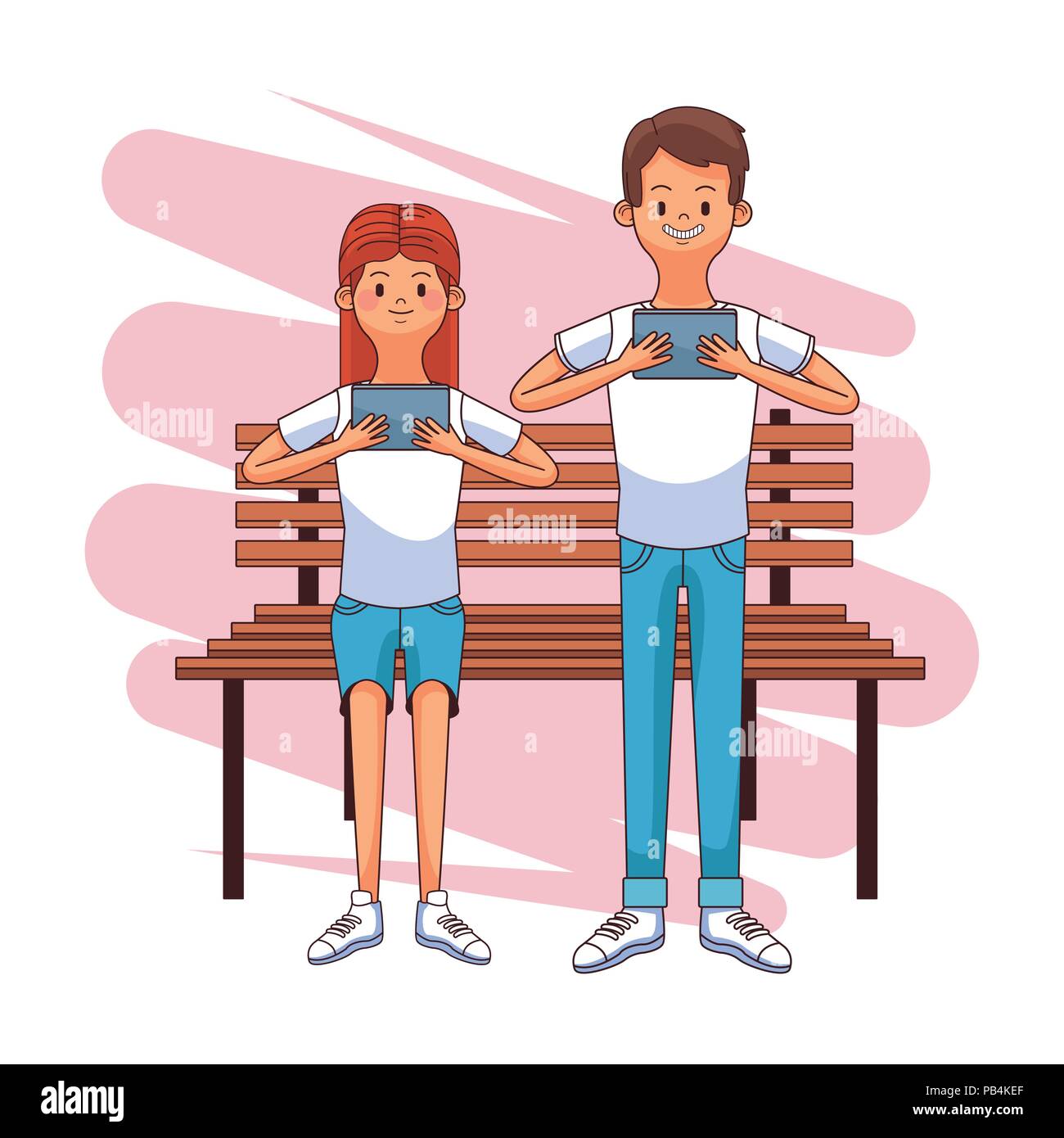 People seated on park chair using technology vector illustration ...