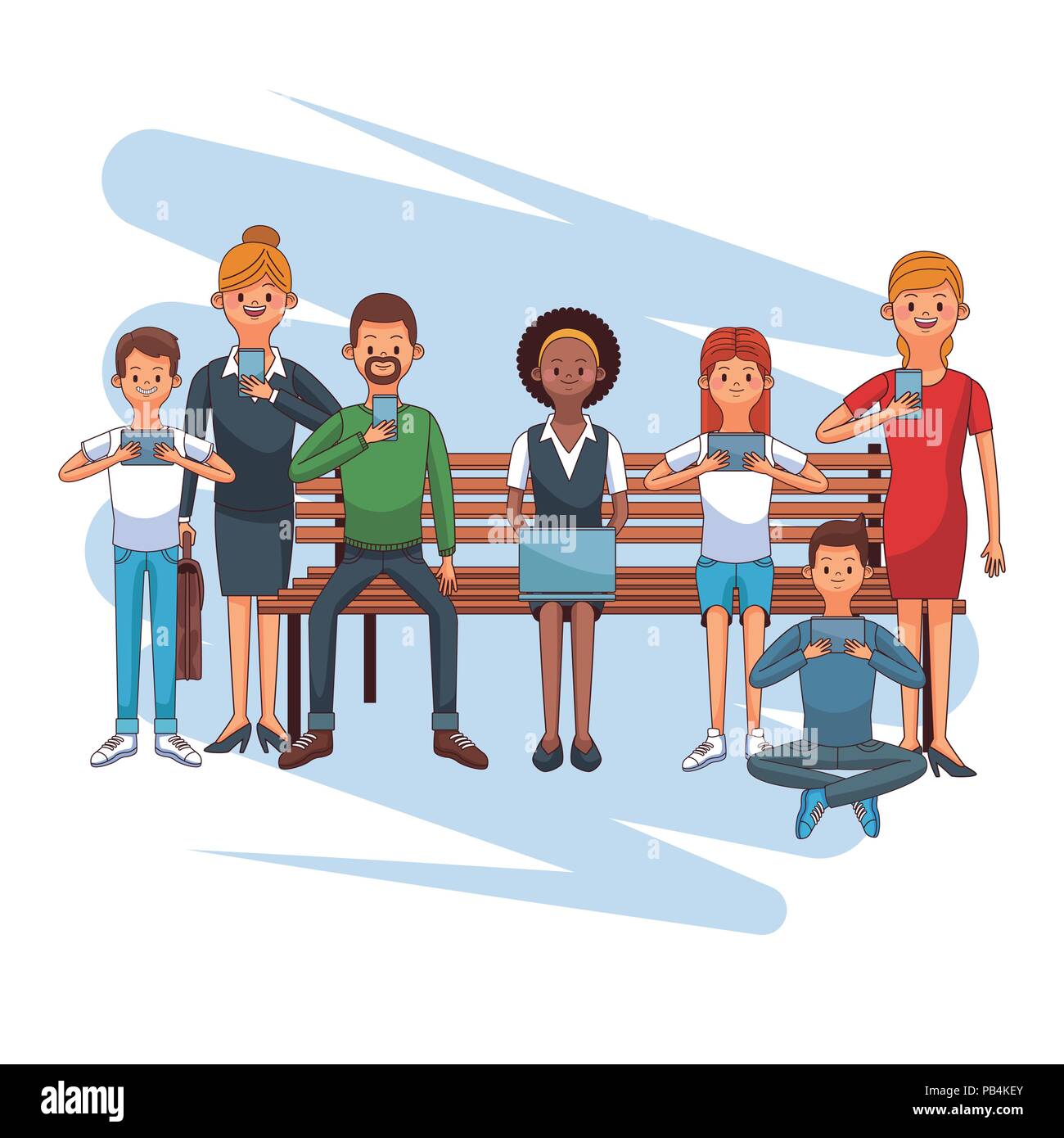 People seated on park chair using technology vector illustration ...