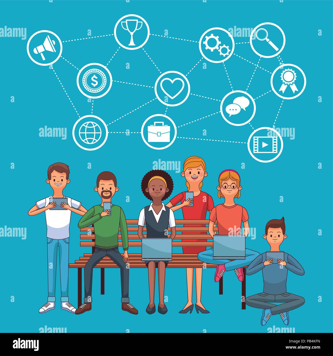 People seated on chair connected to social media vector illustration ...