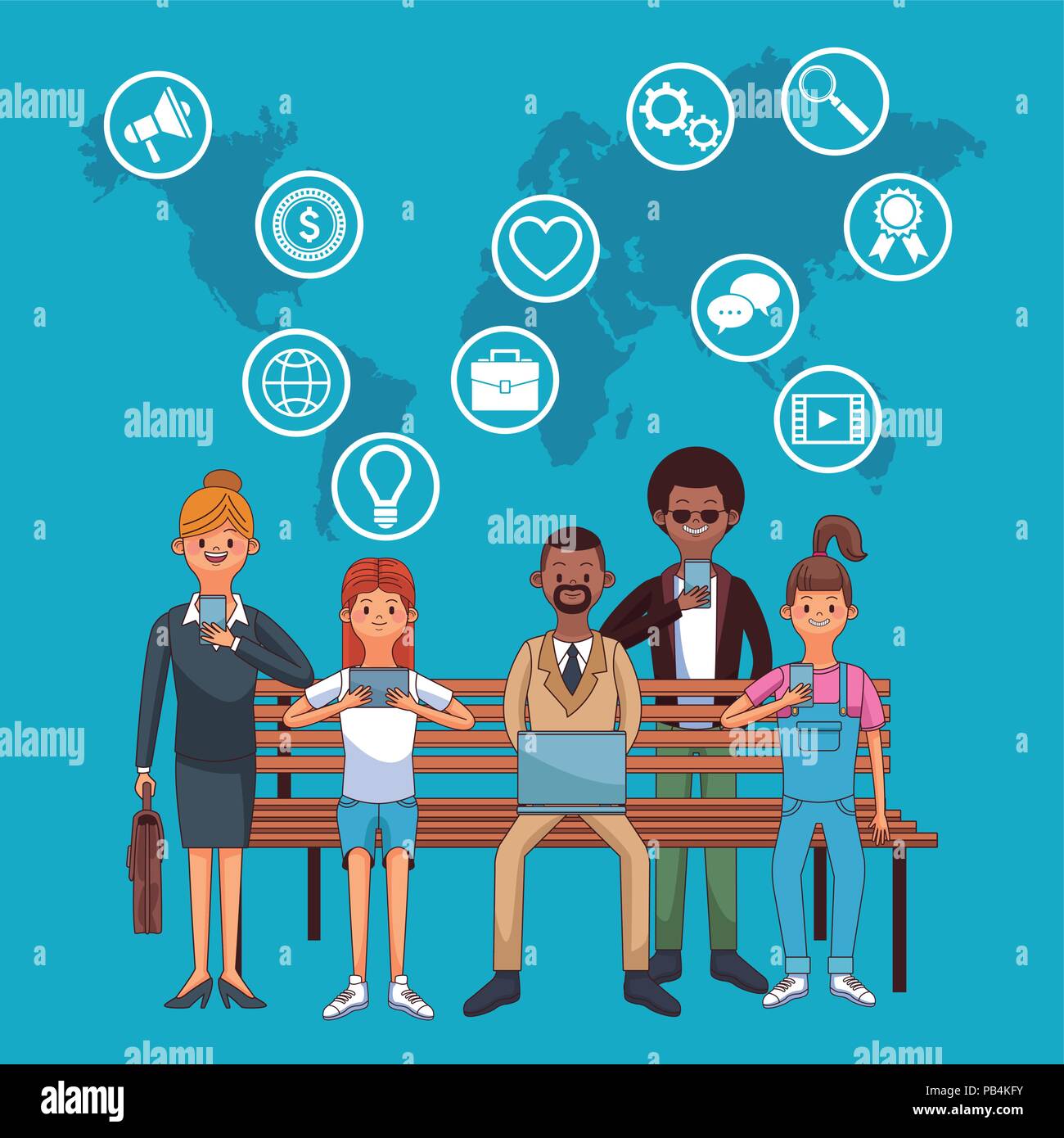 People seated on chair connected to social media vector illustration ...