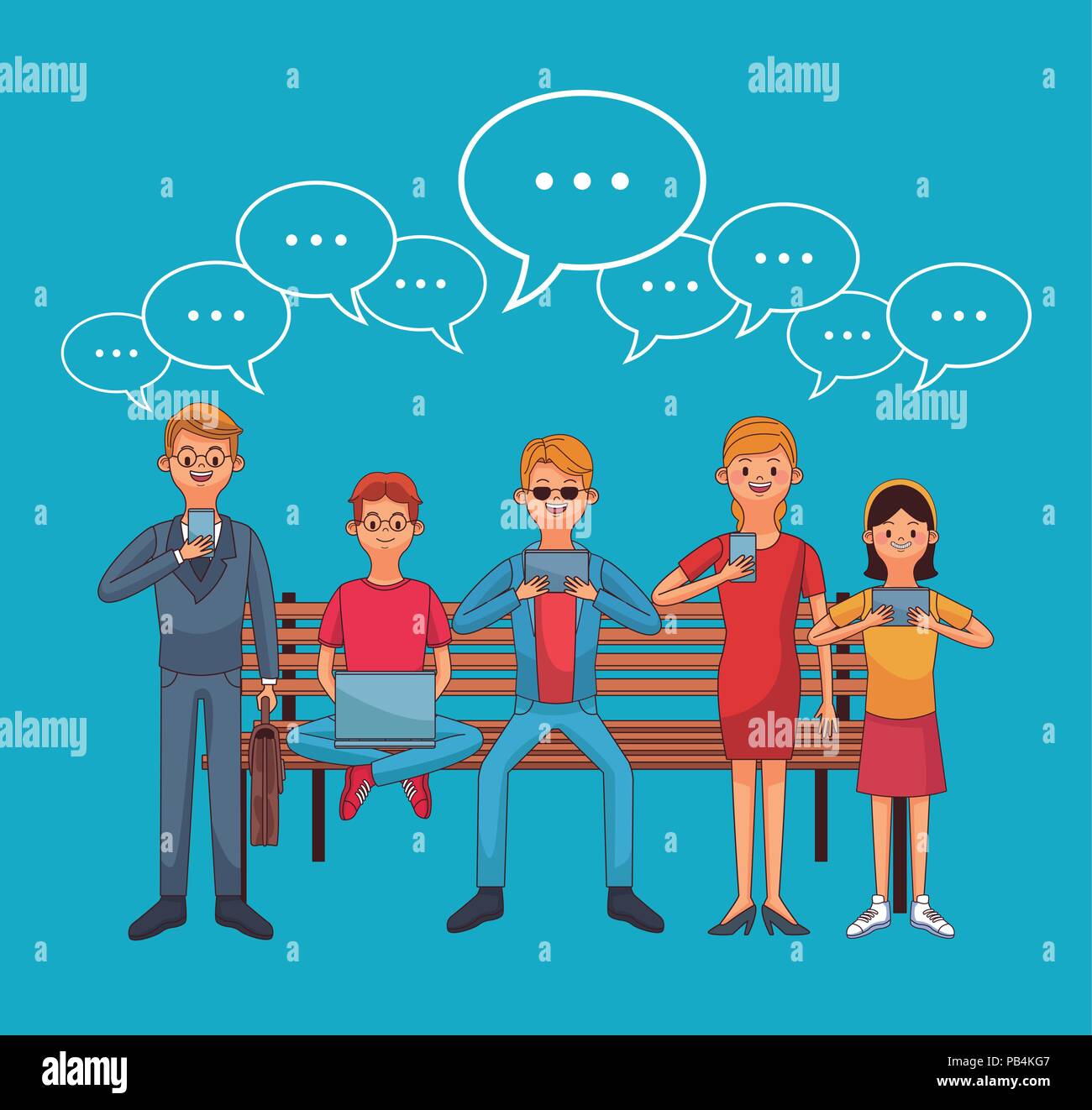 People seated on wooden chair and chatting cartoons vector illustration ...